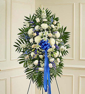 White & Blue Sympathy Standing Spray| Livermore Florist - Spring Garden ...